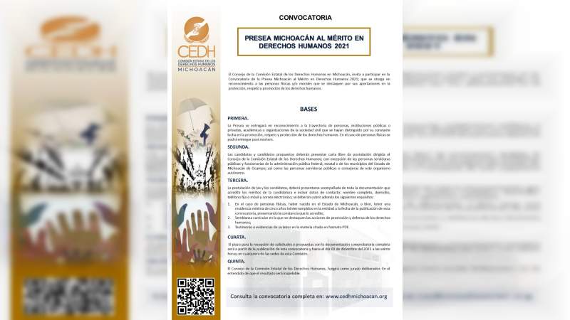 Publican Convocatoria Para Presea Michoacán Al Mérito En Derechos