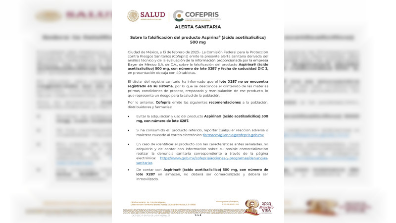 Cofepris emite alerta sanitaria por falsificación de Aspirinas Cofepris emite alerta sanitaria por falsificación de Aspirinas