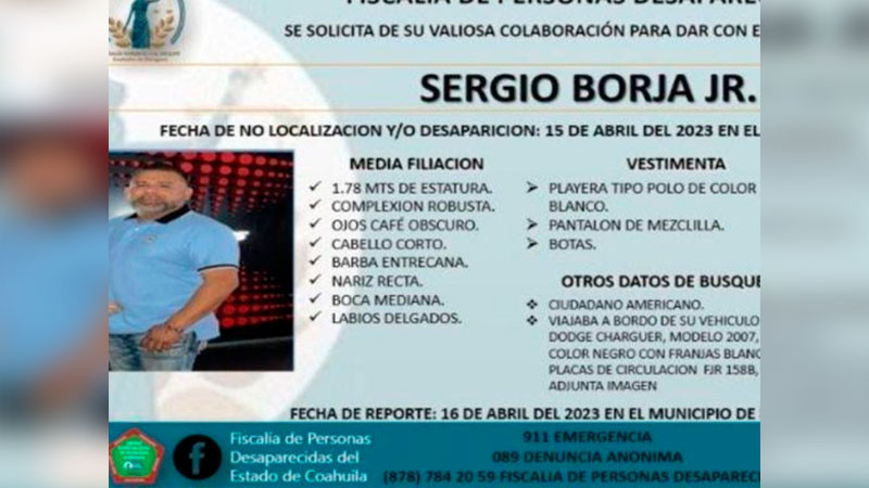 Desaparece hijo de ex diputado Sergio Borja, en Piedras Negras, Coahuila