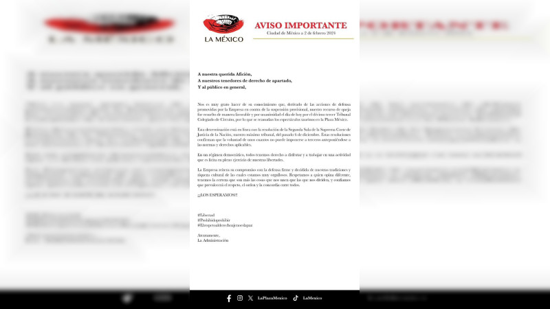 Tribunal revoca la suspensión contra corridas de toros en la Plaza México